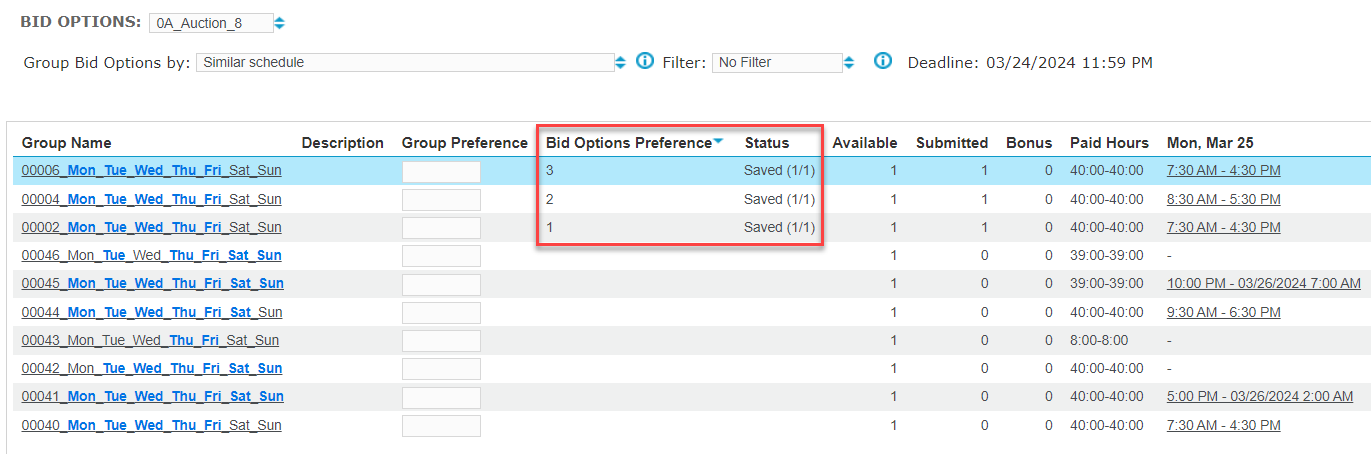 Submit multiple, grouped shift bids for a Full Schedule Period auction