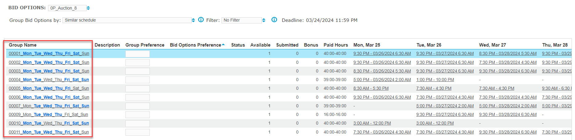 Submit multiple, grouped shift bids for a Full Schedule Period auction