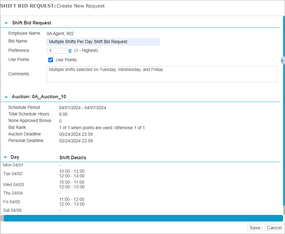 Submit a single shift bid request for a Multiple Shifts per Day auction